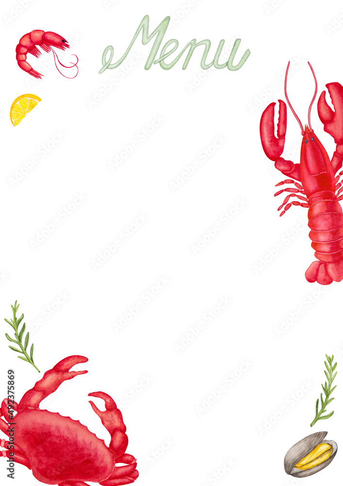 Watercolor seafood frame for menu with lettering, lobster, crab, prawn ...