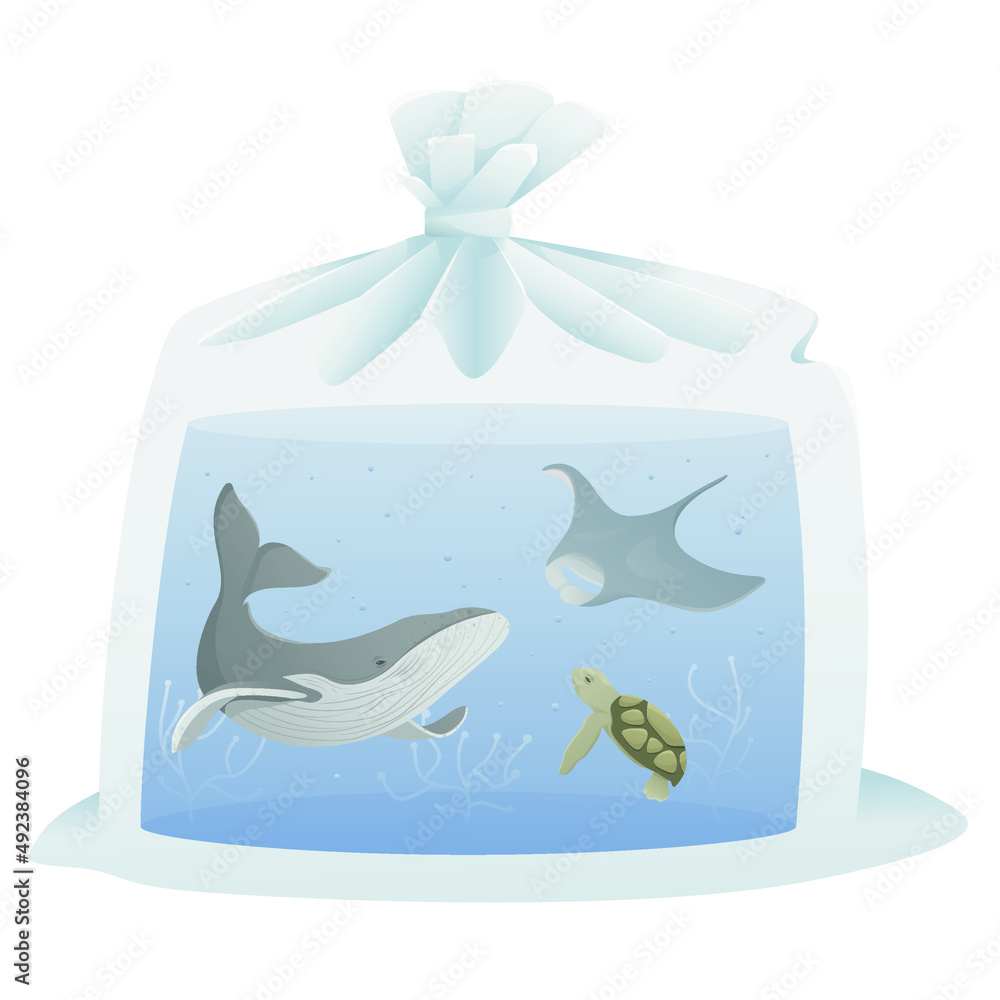 Flat vector illustration with marine life in a plastic bag. Take care ...