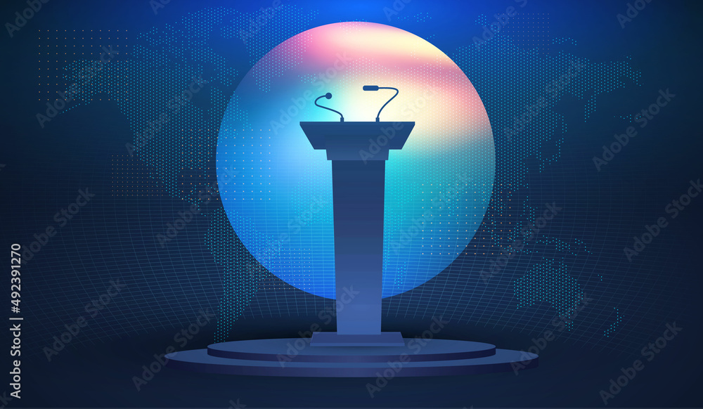 Breaking news background with World map, podium tribune and light ...