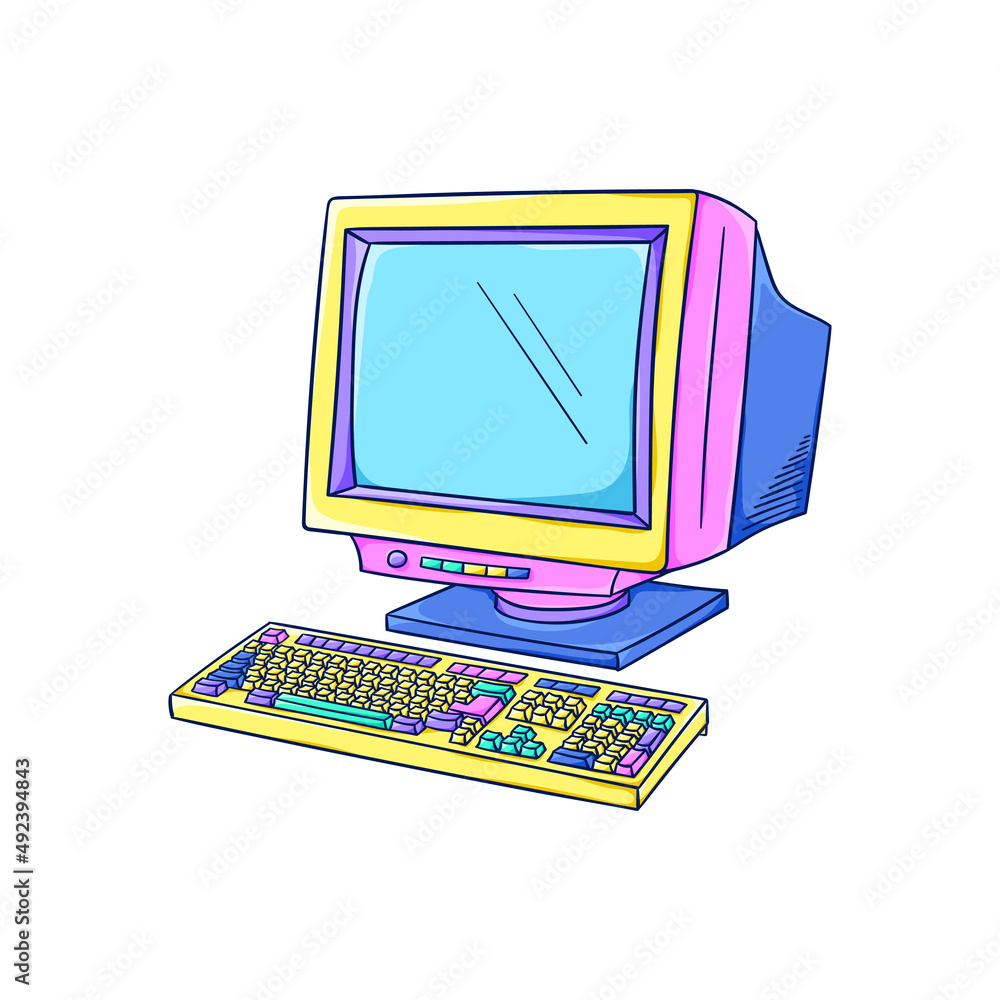 Computer illustration. Retro home computer. Personal computer with ...