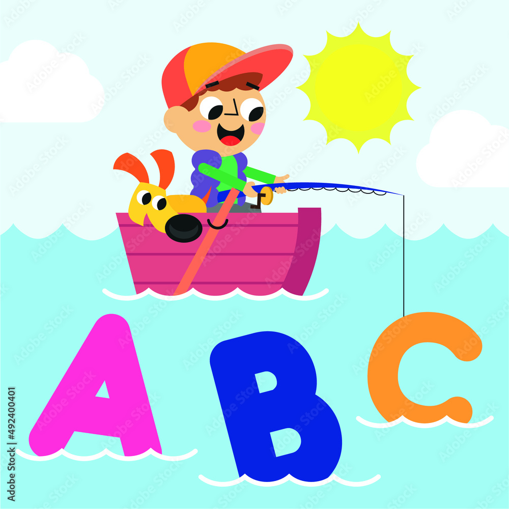 The cute boy hunts cute letters in the lake with his fishing rod. Stock ...