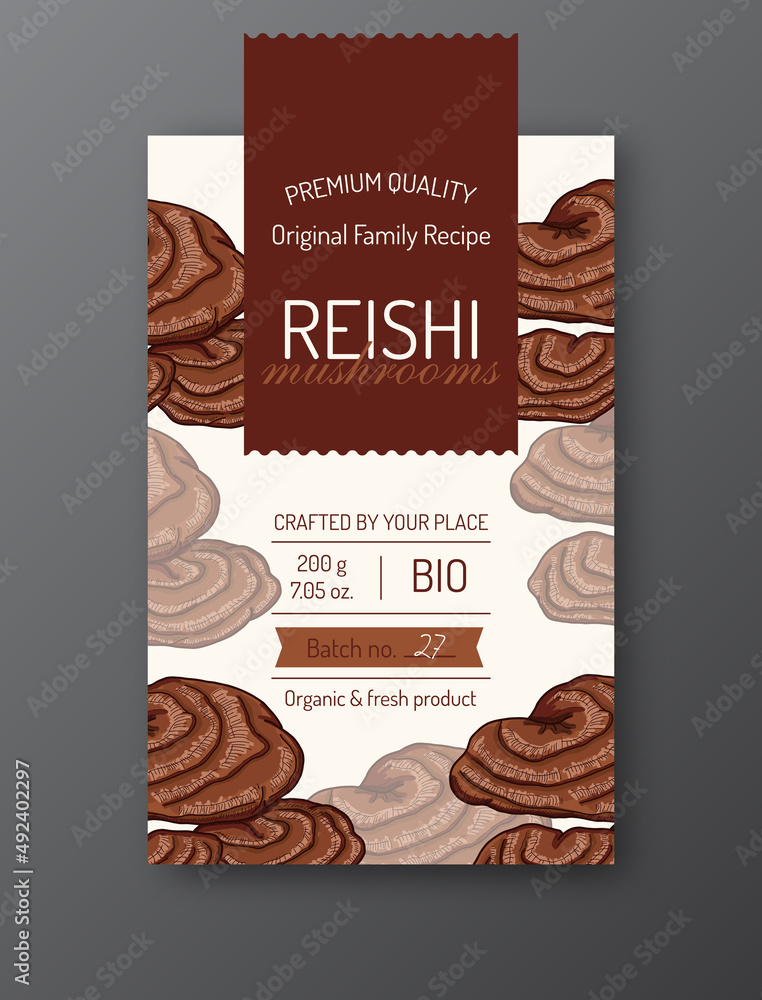 Reishi mushroom label template Modern vector packaging design layout ...