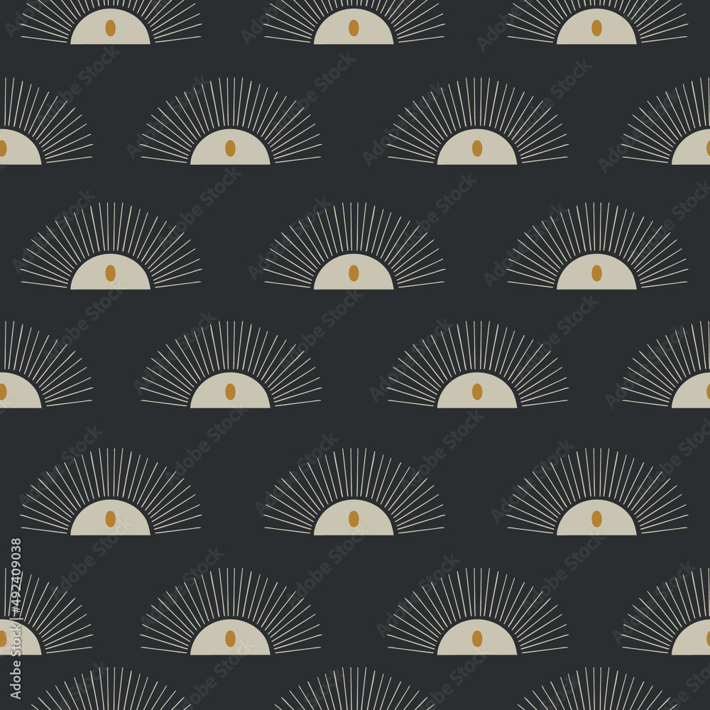 Abstract line art sun seamless pattern background, vector repeating ...