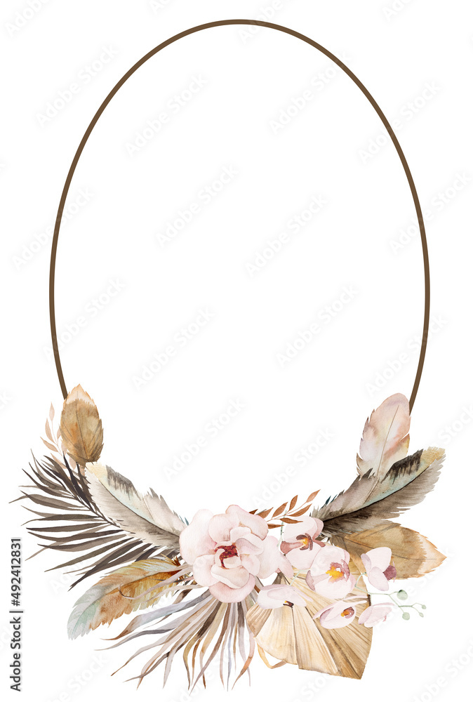 Watercolor Bohemian frame with feathers, dried leaves and tropical ...