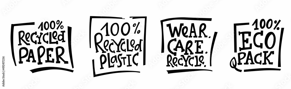 Recycled paper, plastic, wear, care - eco packaging lettering set ...