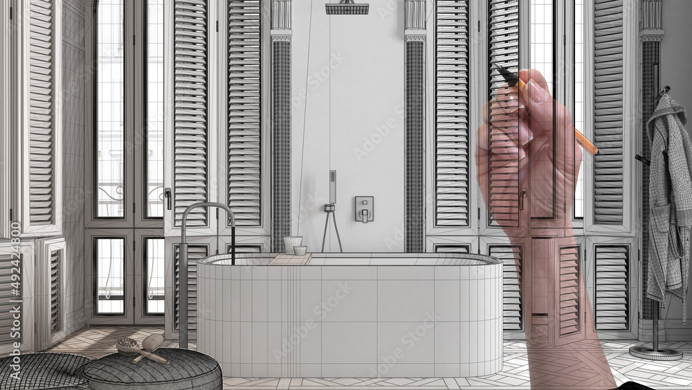 Hand drawing custom minimalist bathroom in classic apartment ...