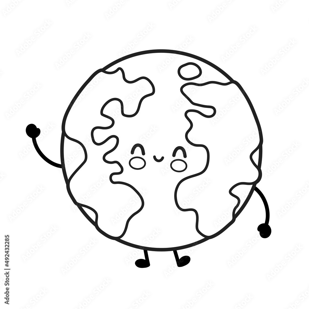 Cute funny happy Earth planet page for coloring book. Vector hand drawn ...