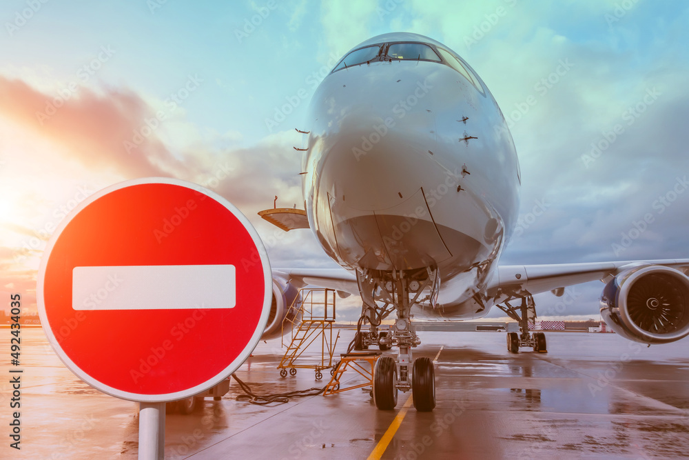 Stop sign red circle brick and blocked plane. Fly ban concept. Stock ...