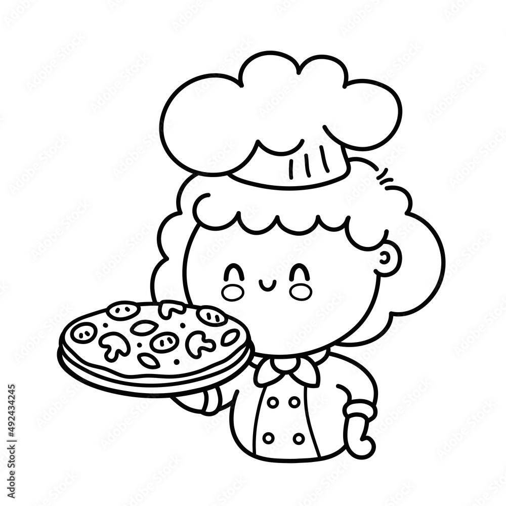 Cute funny chef cook girl character serving a dish.Vector line art page ...