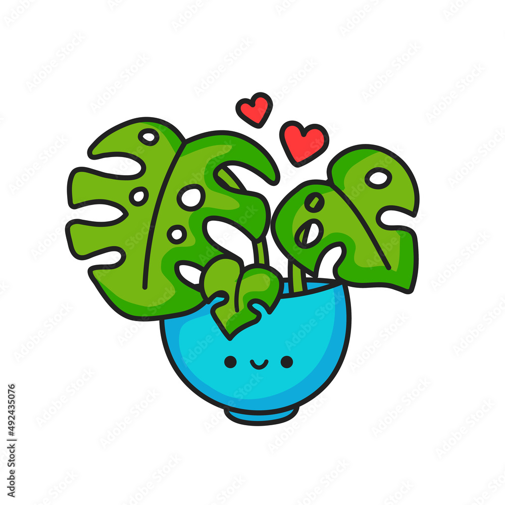 Cute happy funny monstera plant in pot. Vector cartoon doodle line ...