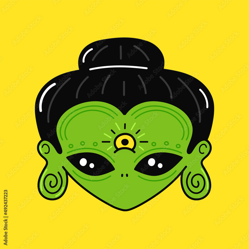 Funny Buddha alien face with third eye. Vector hand drawn cartoon ...