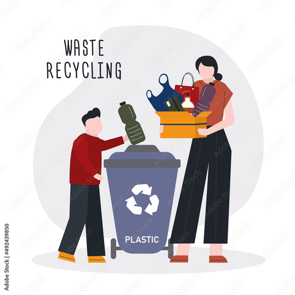 Cartoon boy gives his mother trash. Family separating garbage. Sorting ...