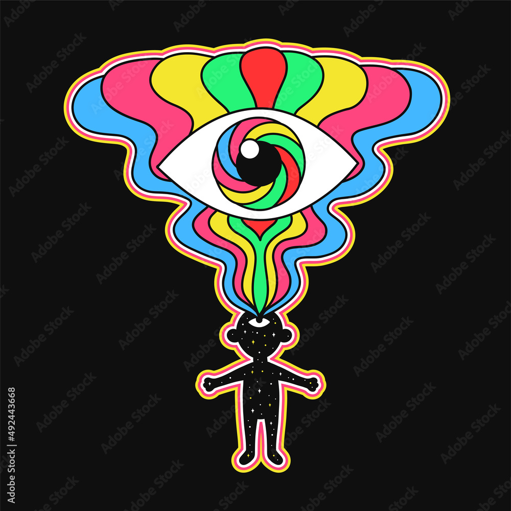 Cute man with open third eye. Vector hand drawn line cartoon ...