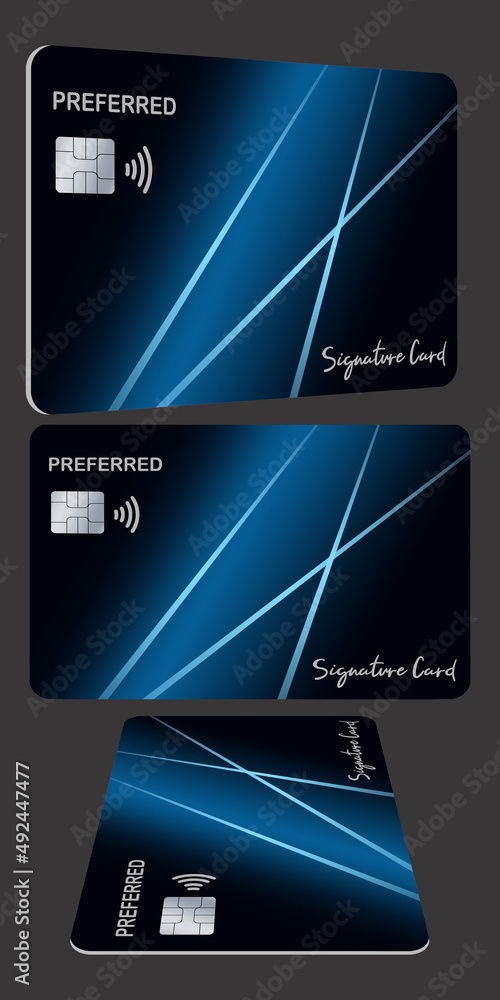 A modern, generic, mock credit card, or debit card, is labeled as a ...