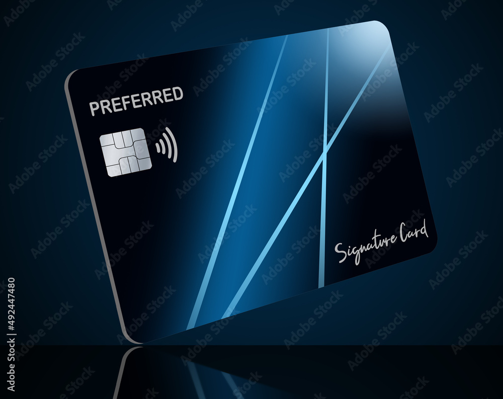 A modern, generic, mock credit card, or debit card, is labeled as a ...