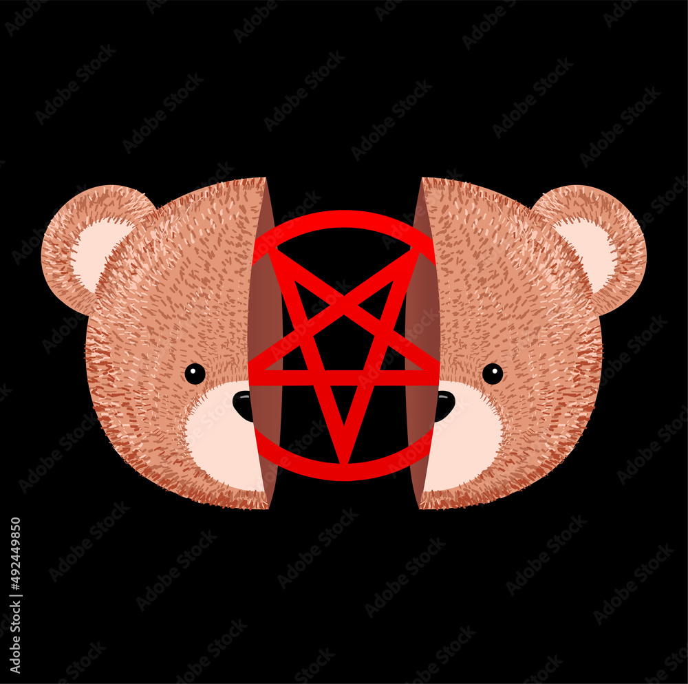 Two half bear toy head with pentagram inside print for t-shirt. Vector ...