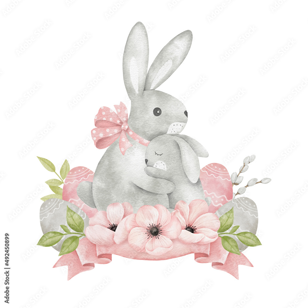 Watercolor Happy Easter illustration of cute bunny mom and baby ...