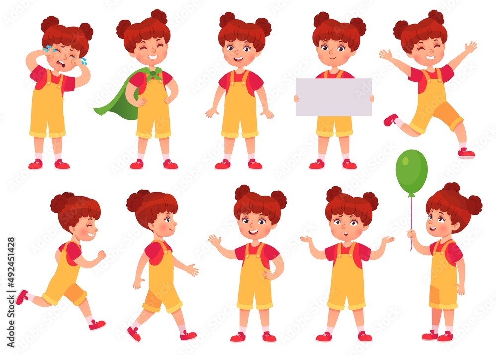 Cartoon girl character poses, gestures and expressions. Casual ...