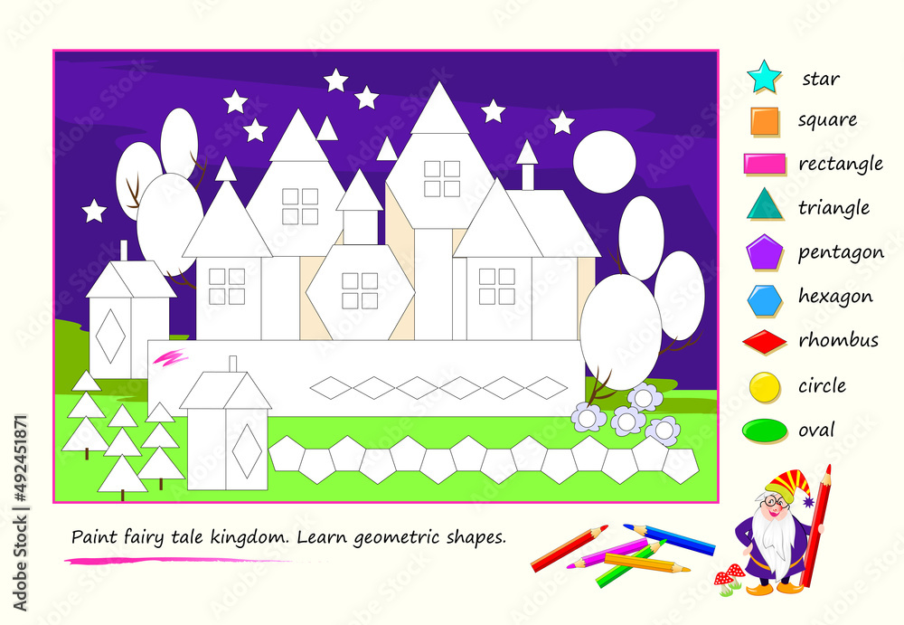 Educational page for little children. Paint fairy tale kingdom. Learn ...