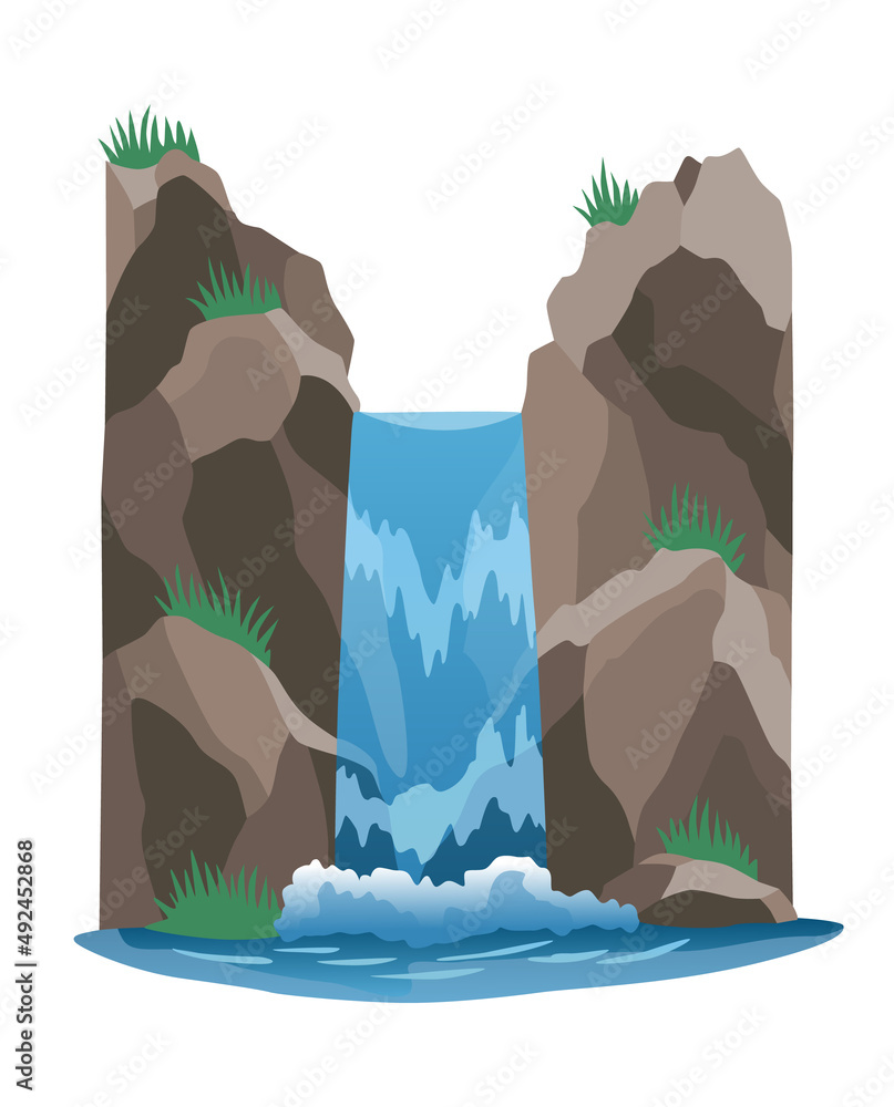 Waterfall. Cartoon landscape with rock mountain. River fall from cliff ...