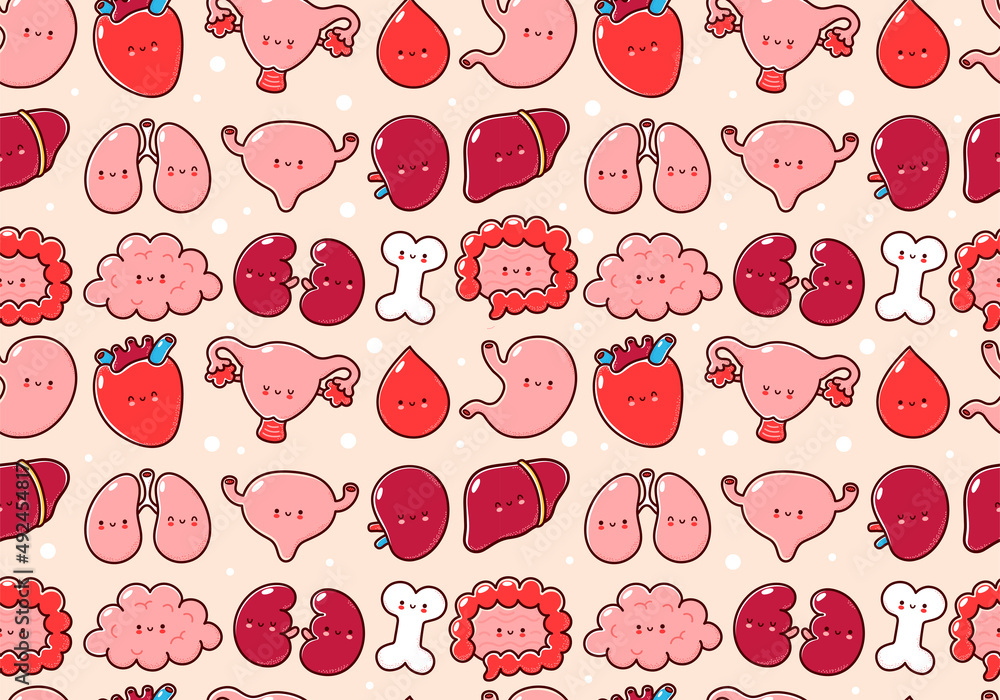 Cute human organs character seamless pattern. Vector line cartoon ...