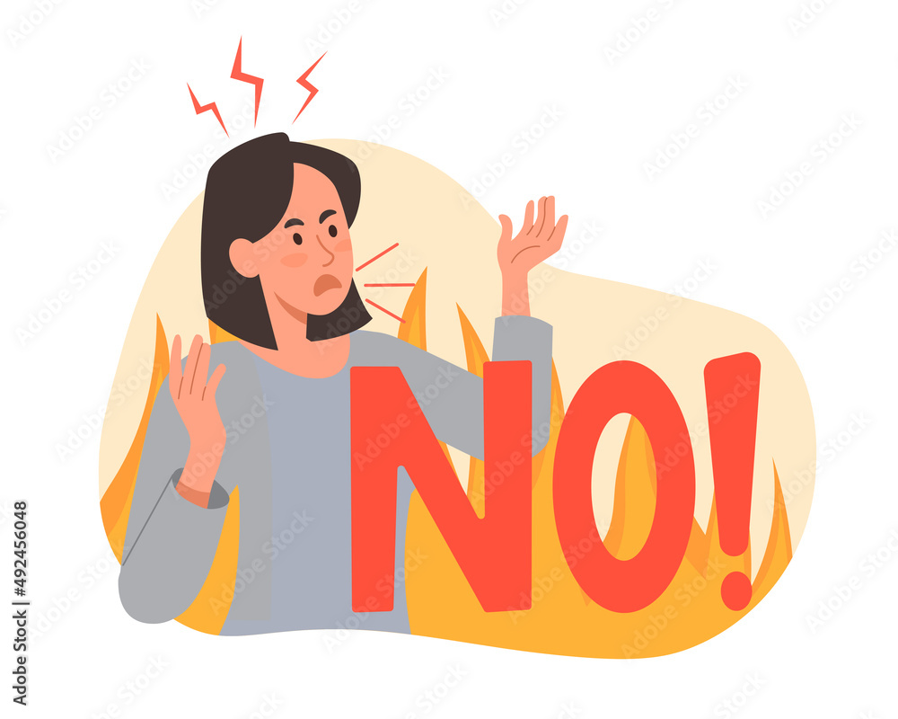 Furious woman concept. Girl in fire says no, anger and negative ...