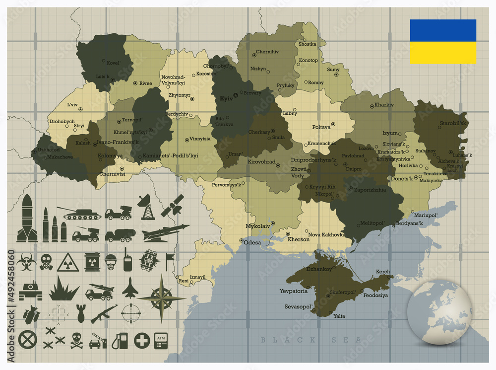 Ukraine map and military icons Stock Vector | Adobe Stock