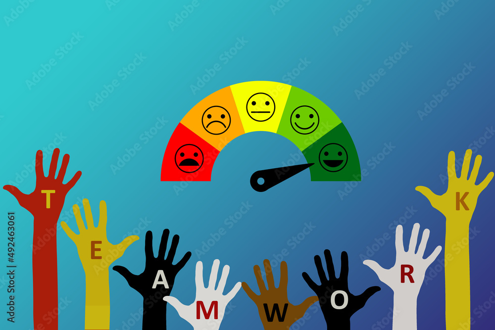 Teamwork concept. Raised hands of people with various coors of skin ...
