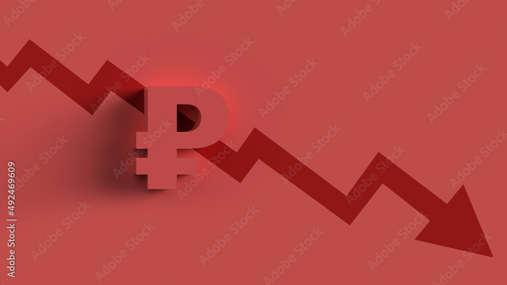 Conceptual 3d red russian ruble symbol with falling value collapse ...