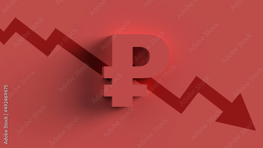 Conceptual 3d red russian ruble symbol with falling value collapse ...