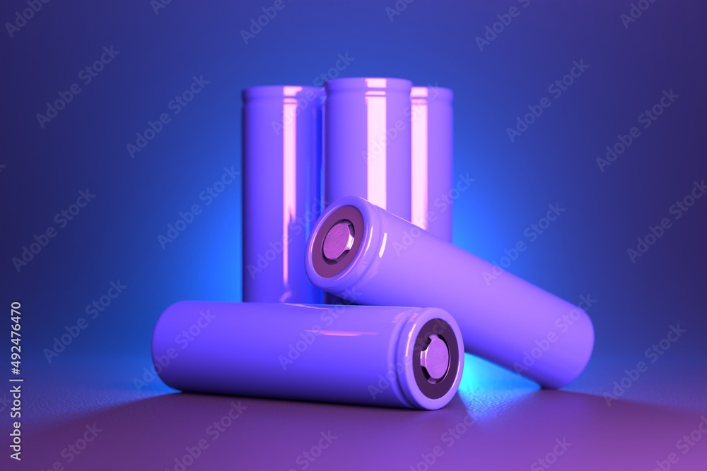 5 purple cylindrical batteries. Rechargeable li-ion batteries for ...