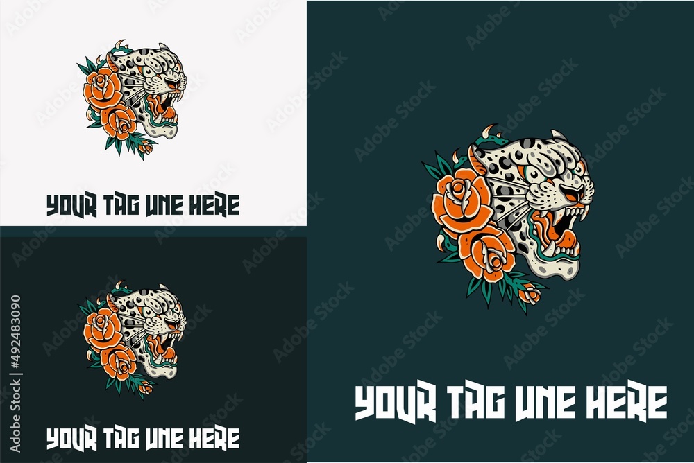 logo concept of head white tiger with red rose vector illustration ...