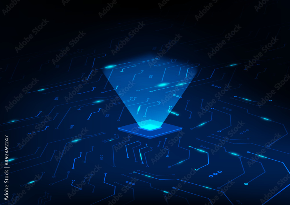 Microchip process and light on the blue background. motherboard and ...