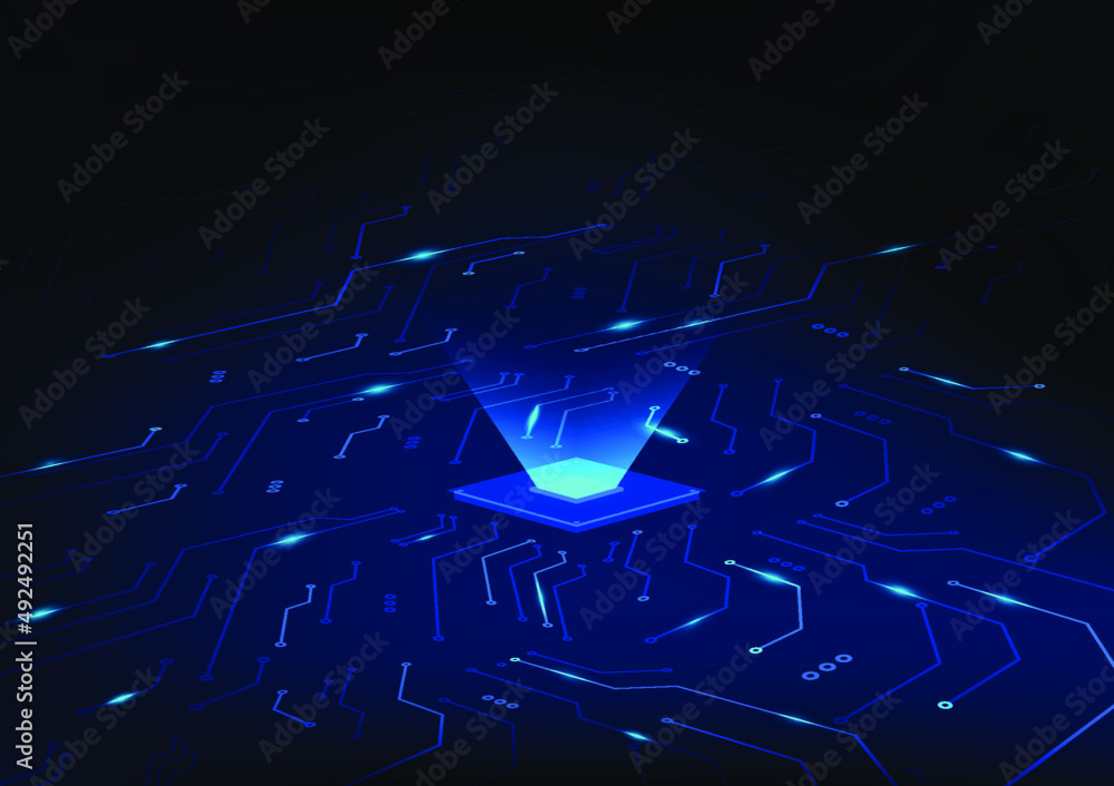 Microchip process and light on the blue background. motherboard and ...
