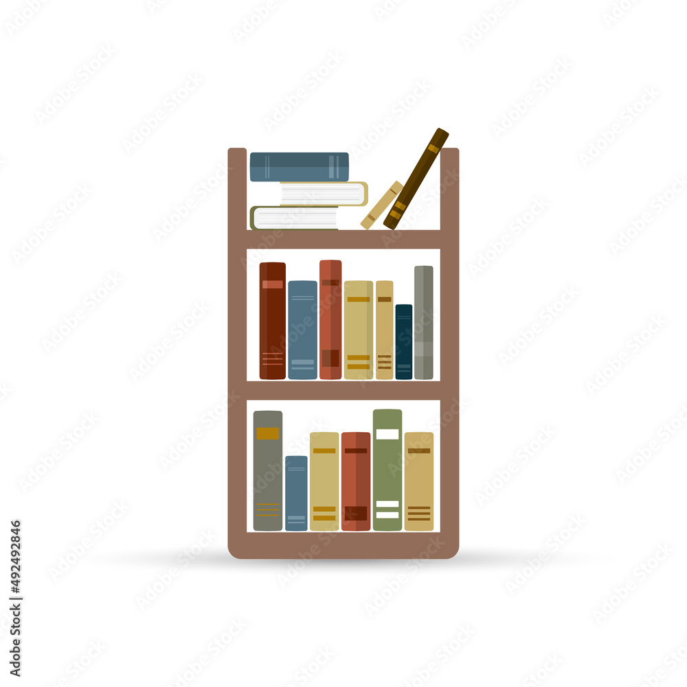 Bookcase icon. Brown wooden bookcase with colorful books isolated on ...