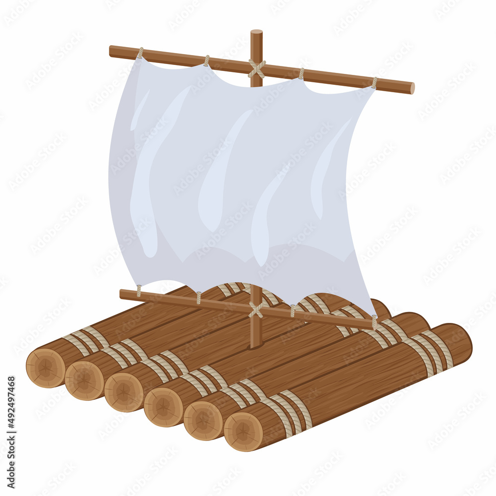 wooden raft with sail, color isolated vector illustration in cartoon ...