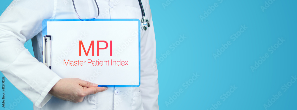 Mpi Master Patient Index Doctor With Stethoscope Holds Blue Clipboard Text Is Written On