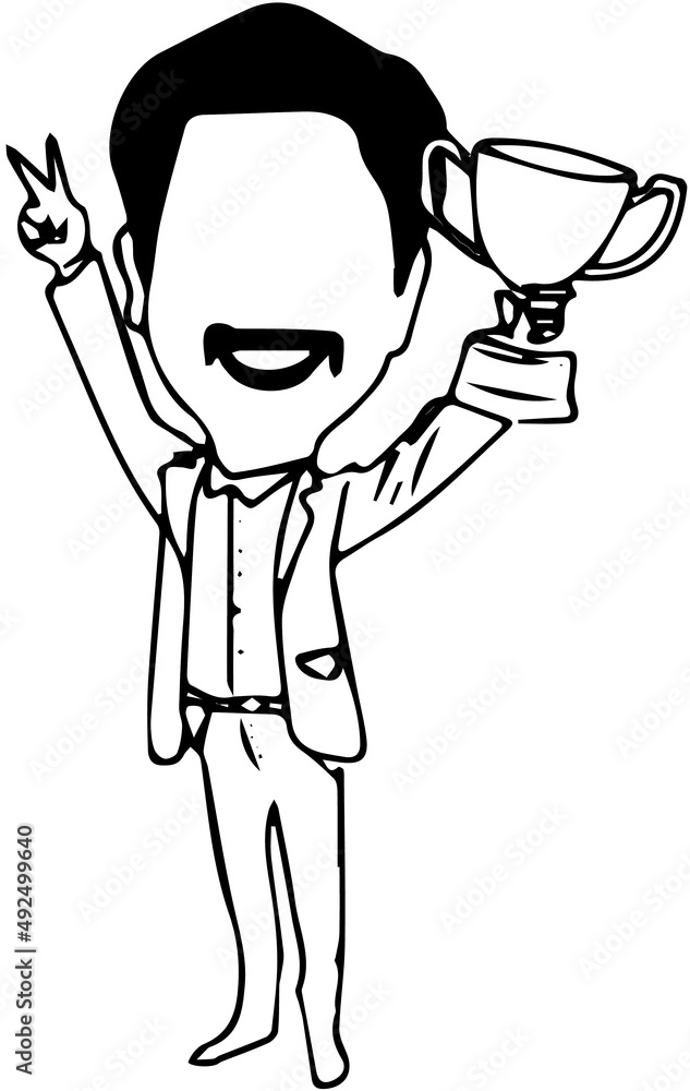 Line art illustration of winner man holding trophy, Outline sketch ...