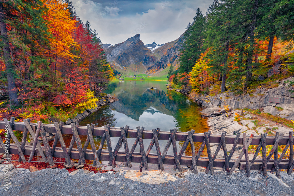 Magnificent morning view of Seealpsee lake, Switzerland. Spectacular ...