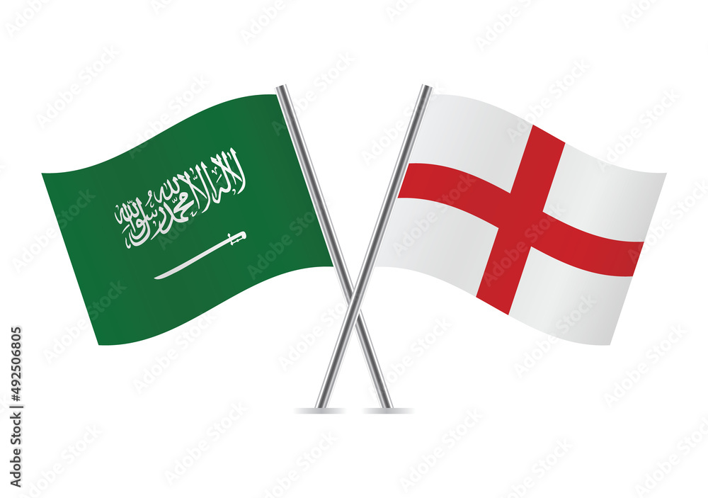 Saudi Arabia and England crossed flags. Saudi Arabian and English flags ...