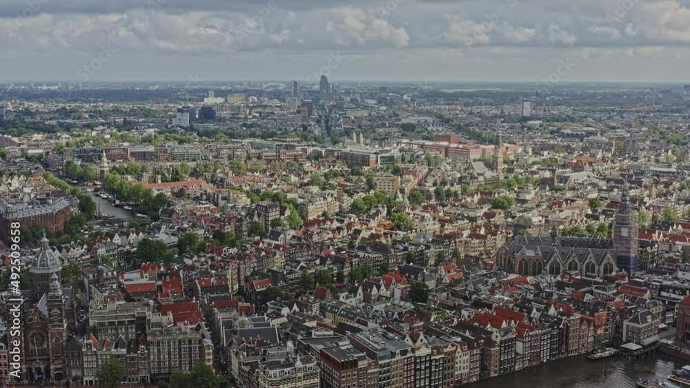 Amsterdam Netherlands Aerial v22 wide shot capturing downtown cityscape ...