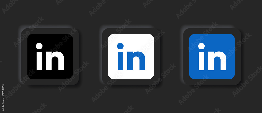 linkedin logo icon in blue square button and black neumorphism buttons ...