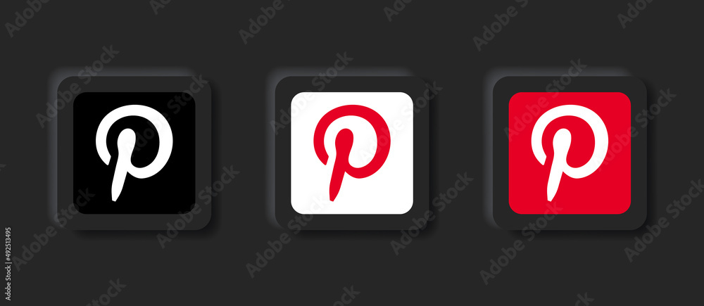 pinterest logo icon in red square button and black neumorphism buttons ...