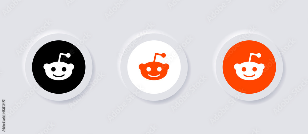 reddit logo icon in orange circle button and white neumorphism buttons ...