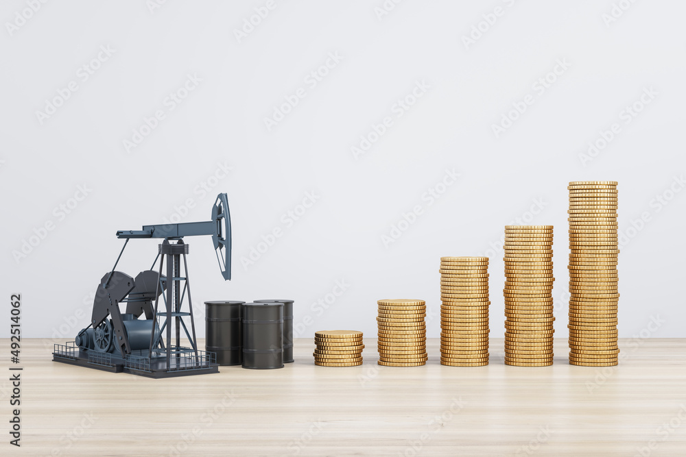 Growing oil price coin chart on white background with mock up place. Up ...