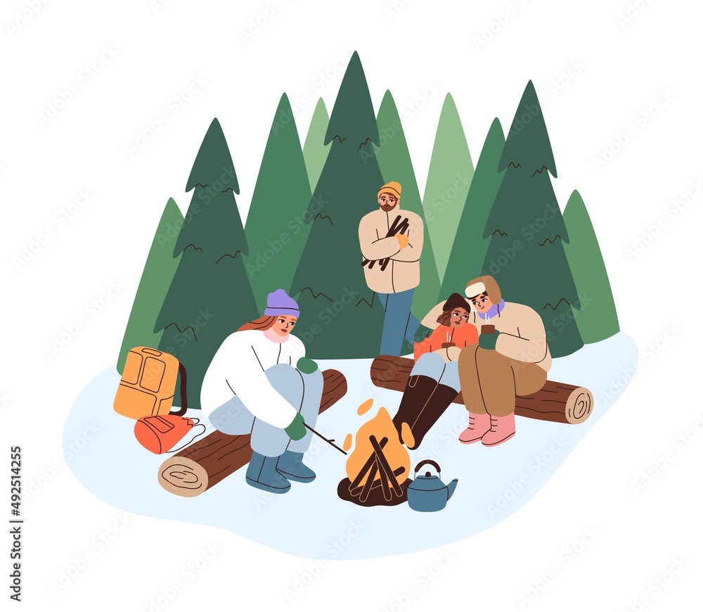 People at winter camp, warming with campfire, hot tea. Friends sitting ...