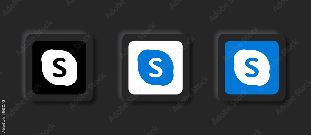 skype logo icon in blue square button and black neumorphism buttons for ...
