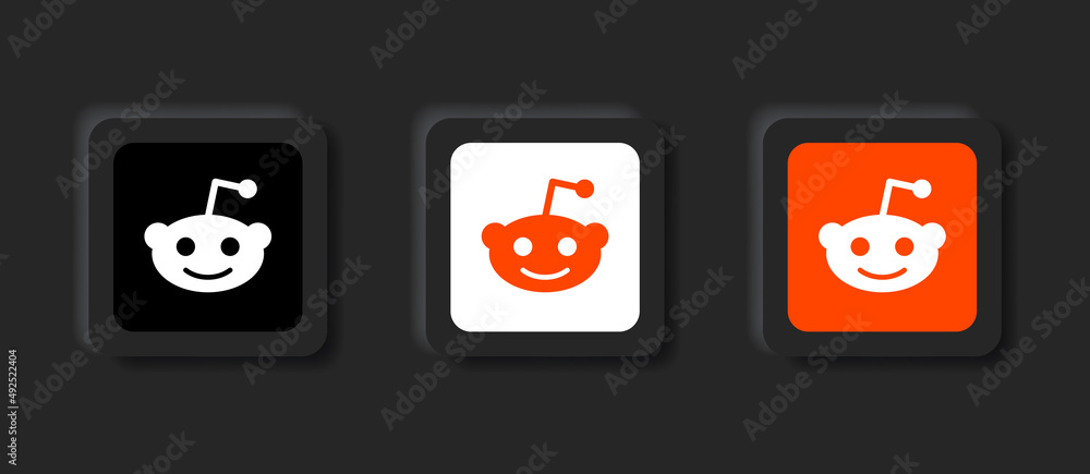 reddit logo icon in orange square button and black neumorphism buttons ...
