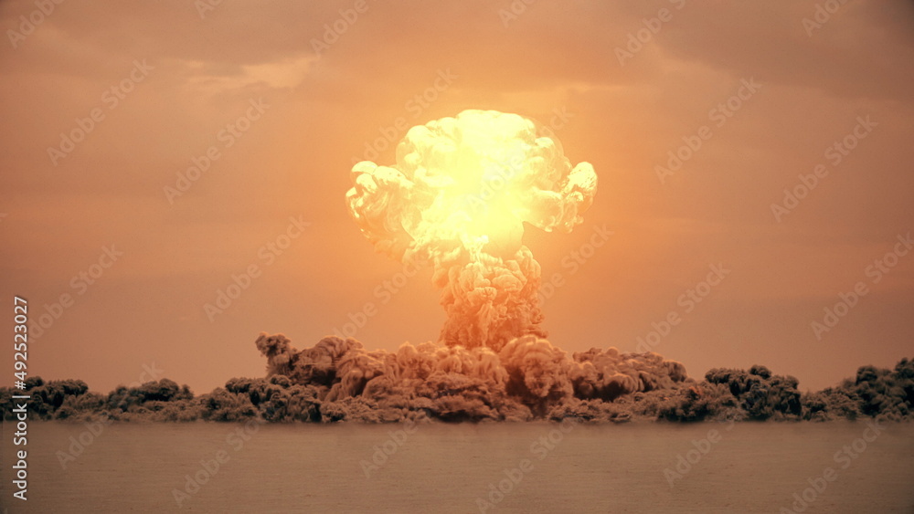 3d rendering of large nuke bomb test explosion with film look ...