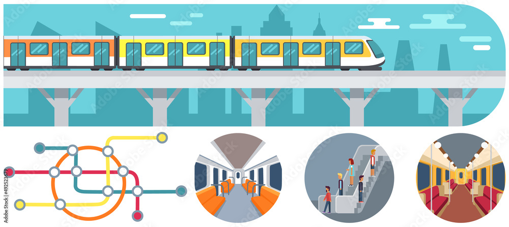 Public transport flat infographic diagram with tramway underground ...